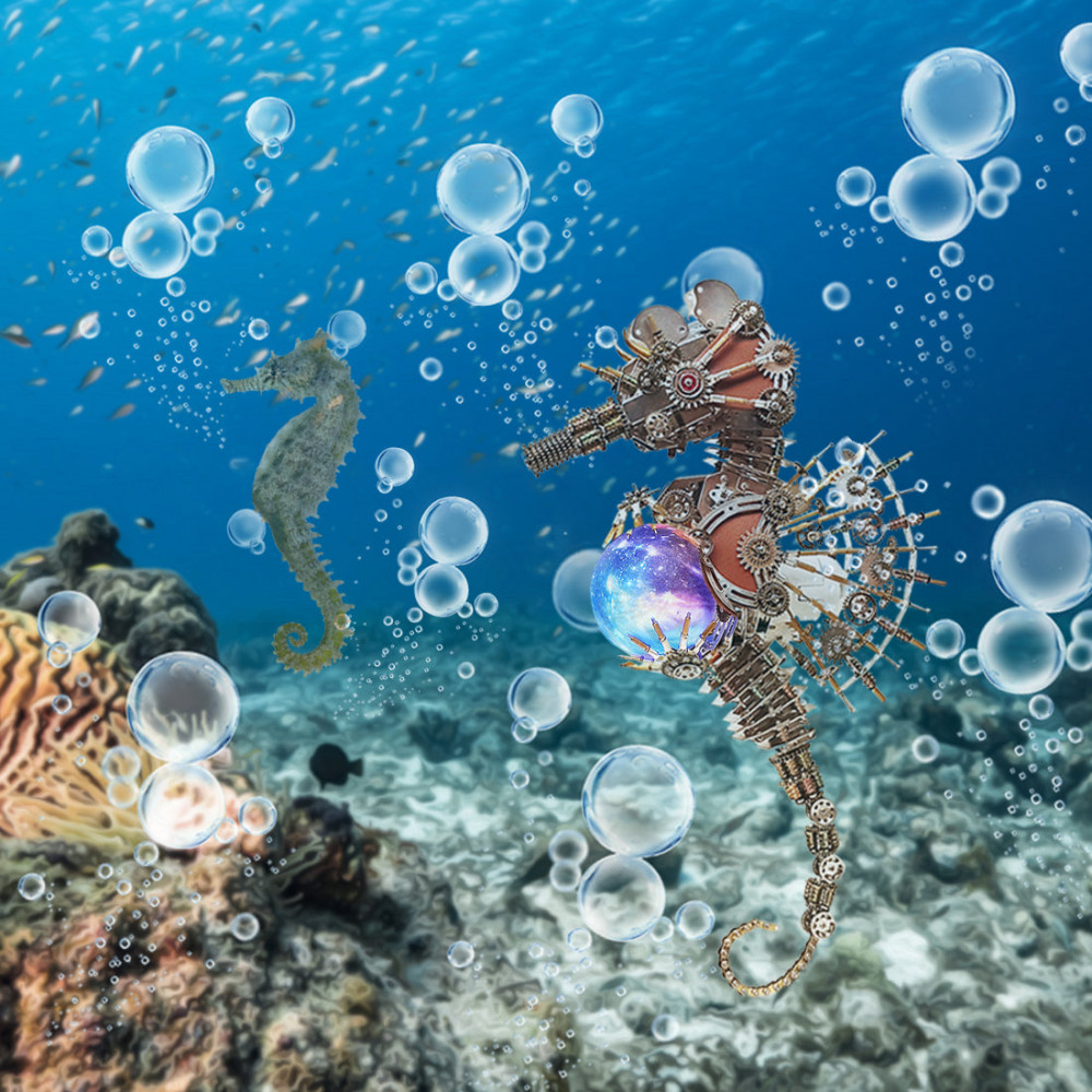 steampunk style pregnant seahorse holding planet metal model kits -keep ...